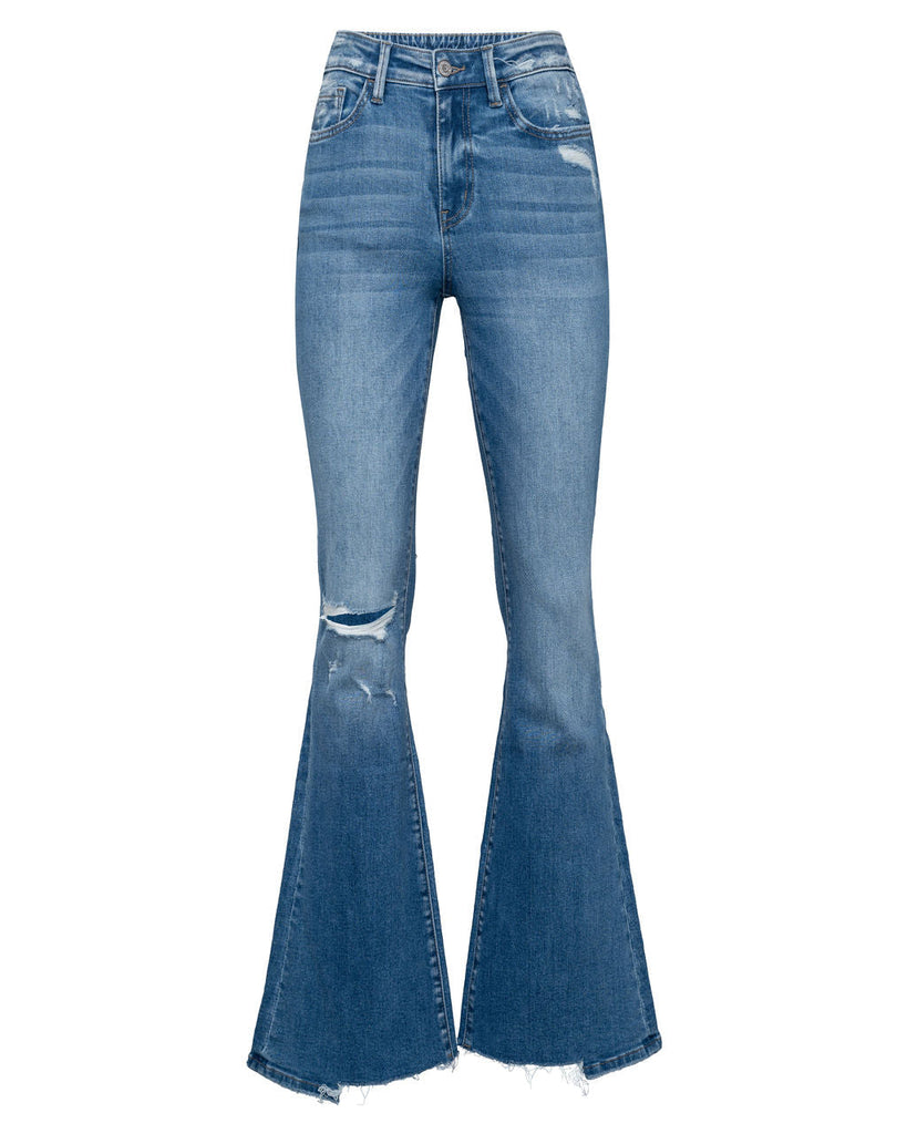 Offset High Rise Distressed Flare Denim